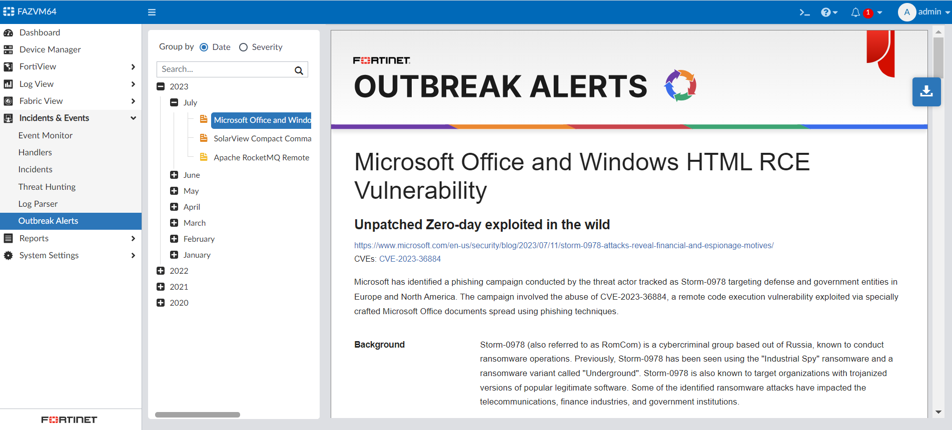 Outbreak Alerts | FortiAnalyzer 7.4.2 | Fortinet Document Library